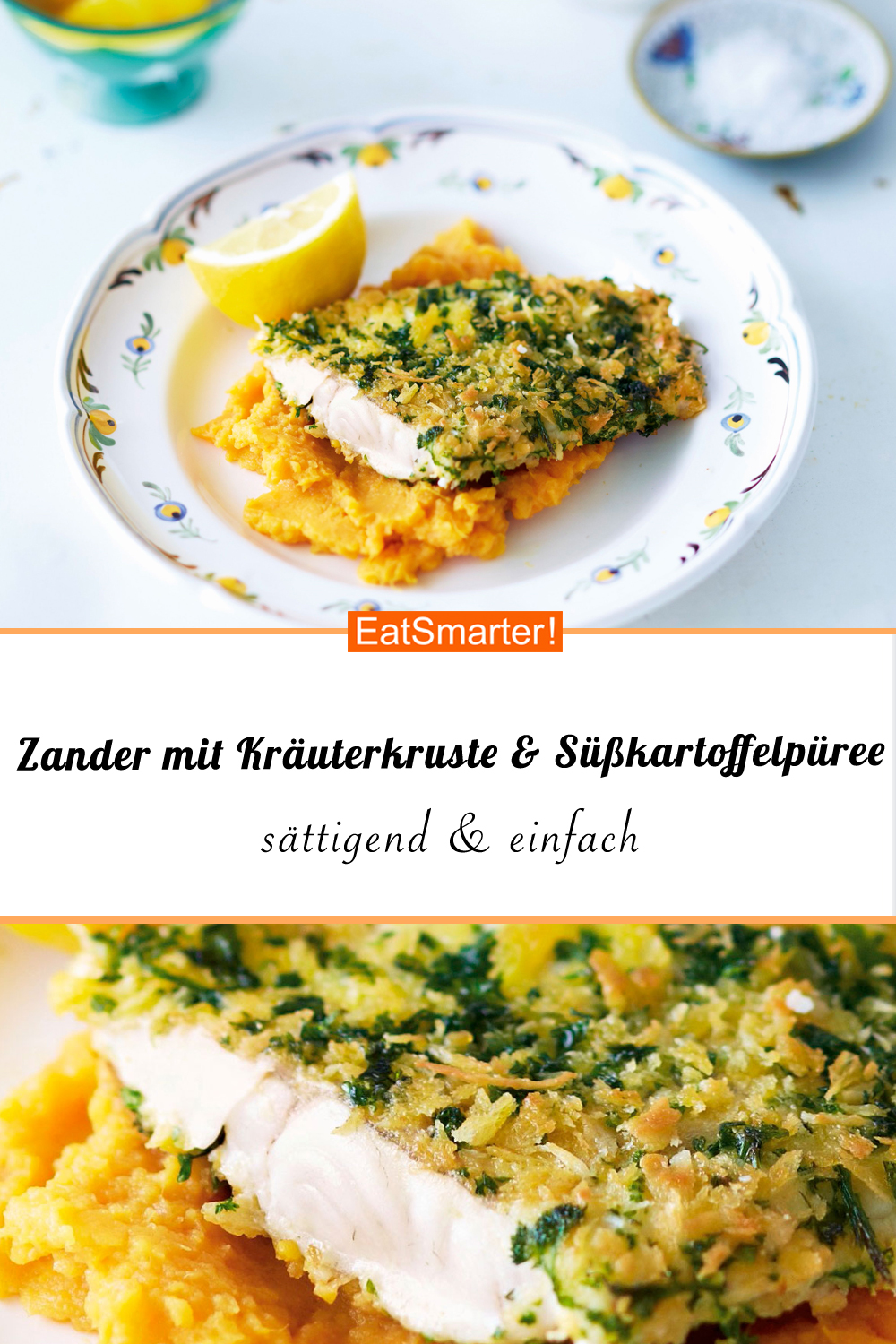 Zander mit Kräuterkruste auf Süßkartoffelpüree Rezept | EAT SMARTER